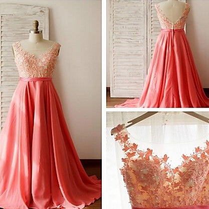 Beautiful Pink Handmade Long Prom Gown with Lace Applique, Pink Prom ...